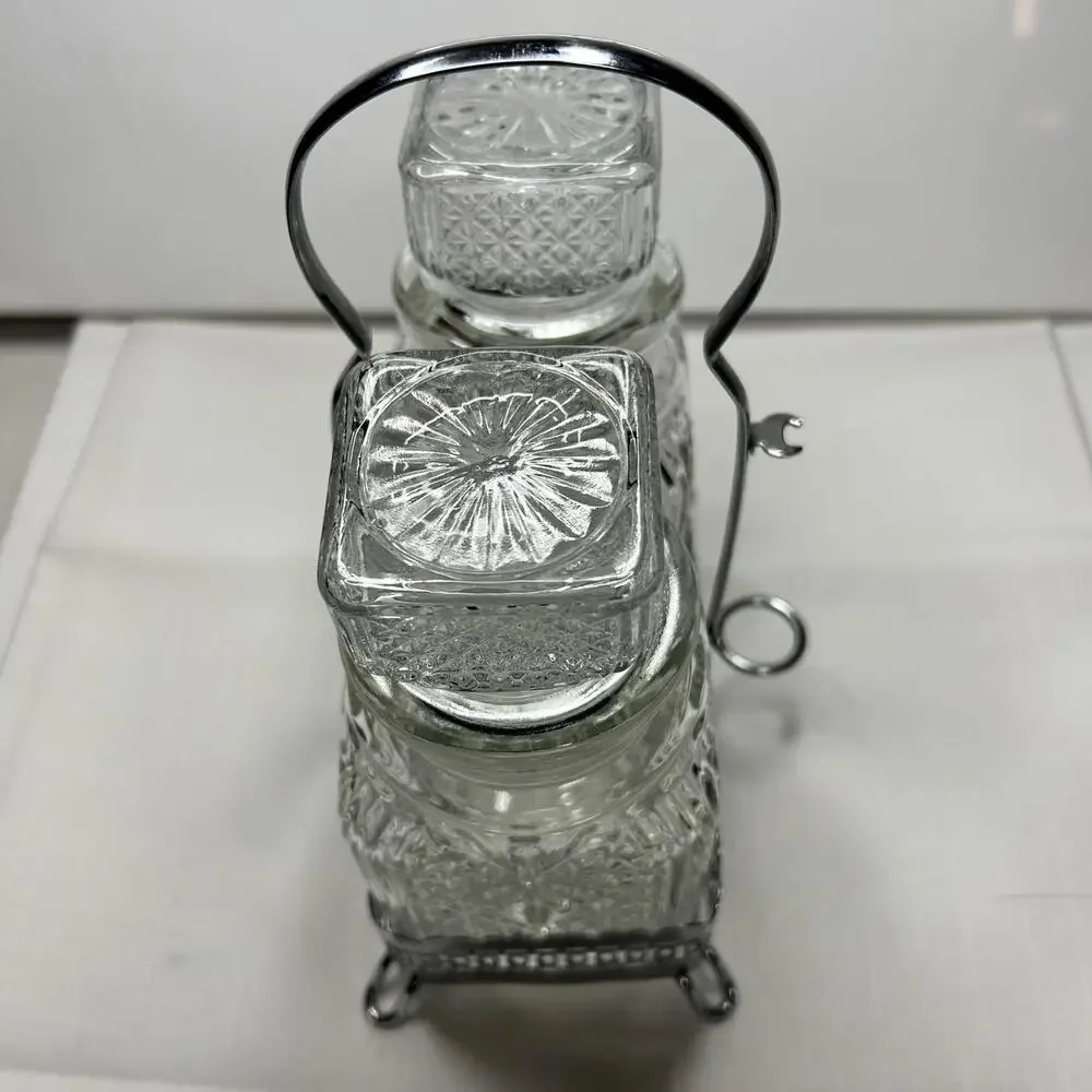 Dining | Vintage Pressed Glass Condiment Set Silver Tone Caddy 4 Piece ...